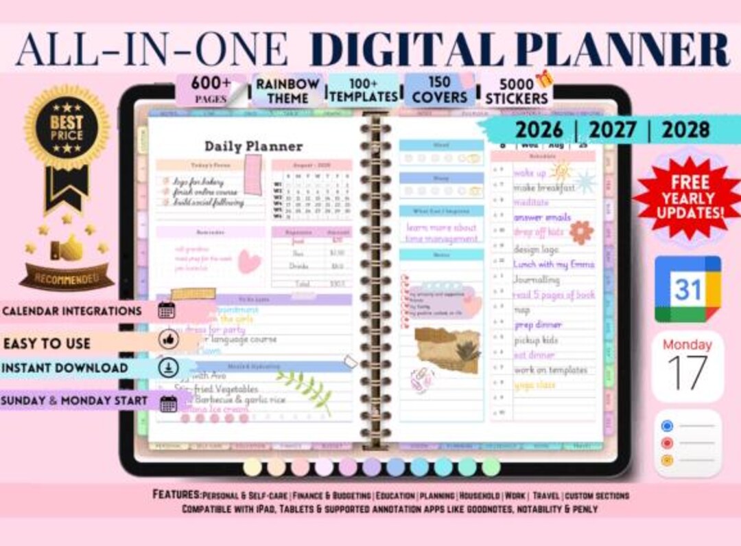 All-in-one Digital Planner 2026, 2027, 2028 | Rainbow Theme - Etsy