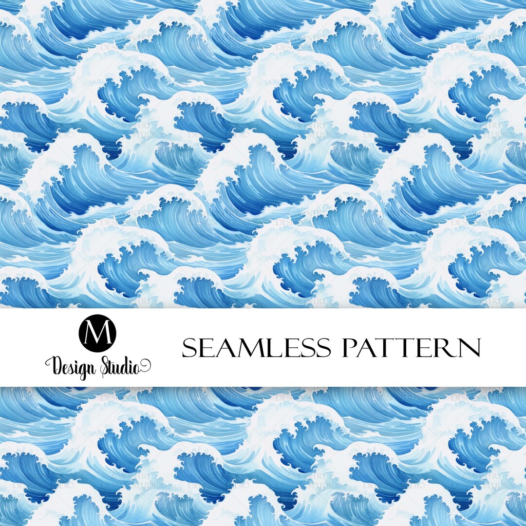Japanese Blue Wave Pattern, Seamless Vector Design, White Background ...