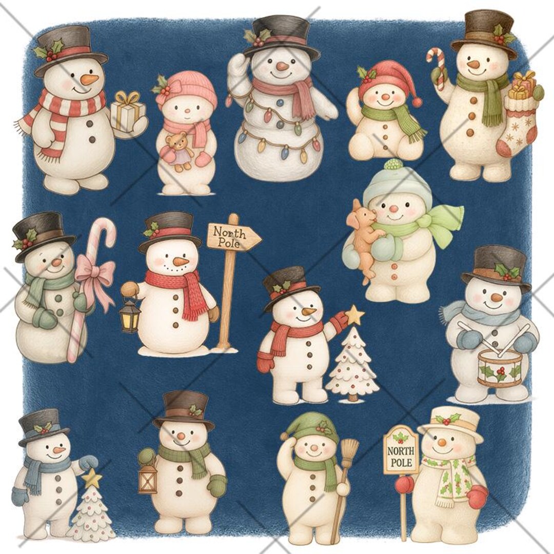 Snowman Clipart Bundle | 14 Snowmen + 11 Winter Elements PNG ...