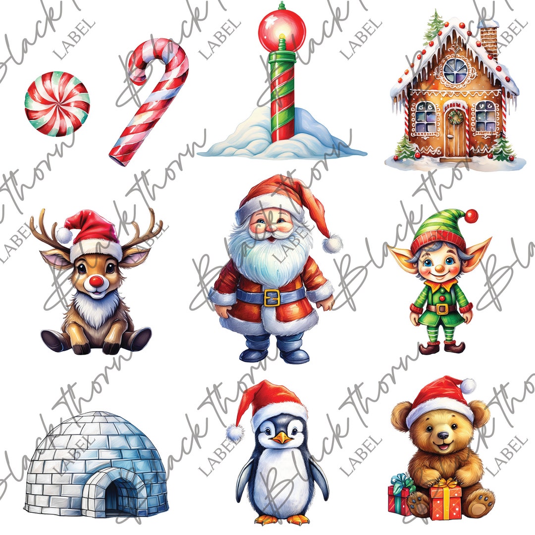 Cute Christmas Clipart Set PNG Instant Downloads, Watercolor, Graphics ...