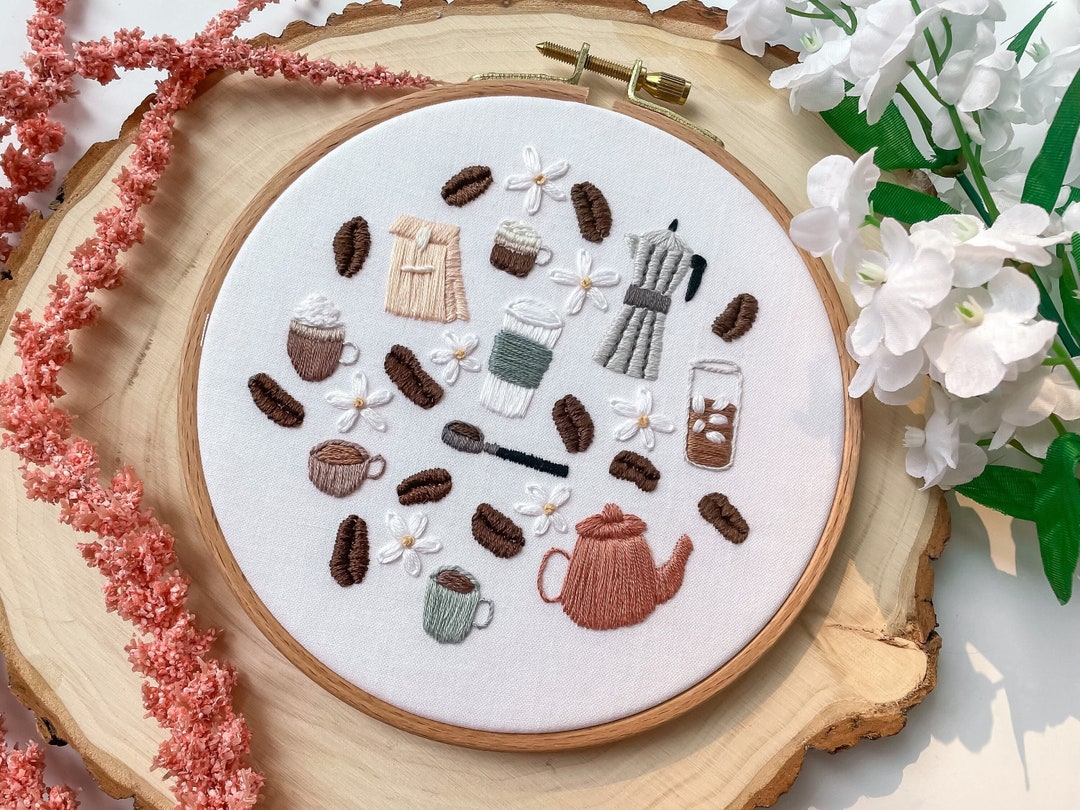 Finished Embroidery Hoop Coffee Shop Design, Cafe, Espresso, Moka Pot ...