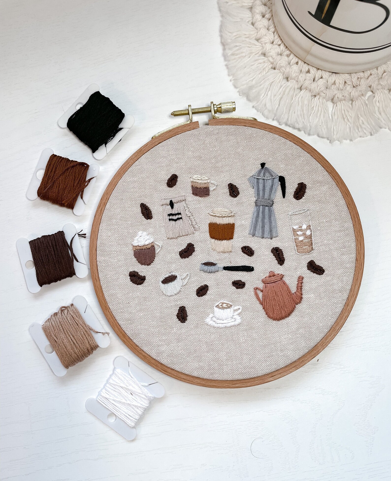 Finished Embroidery Hoop Coffee Shop Design, Cafe, Espresso, Moka Pot ...