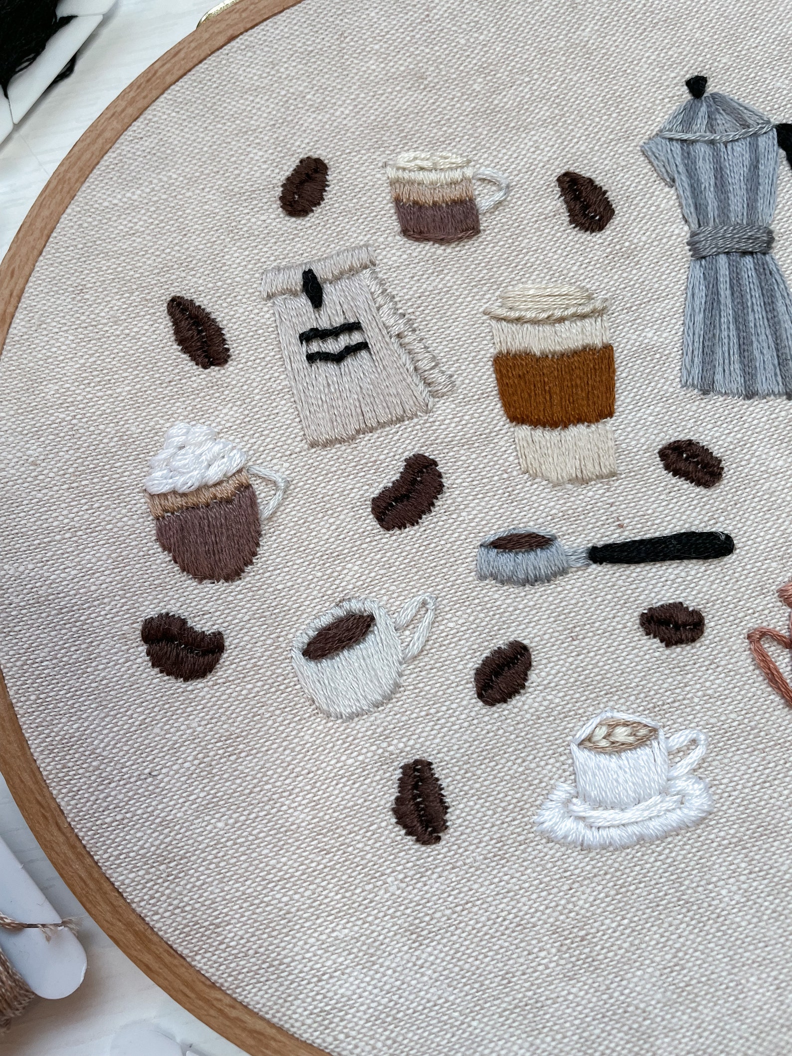 Finished Embroidery Hoop Coffee Shop Design, Cafe, Espresso, Moka Pot ...