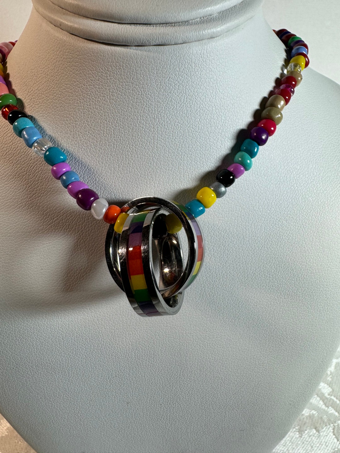 Rainbow Pride Pendant Necklace, Stainless Steel Rings - Etsy