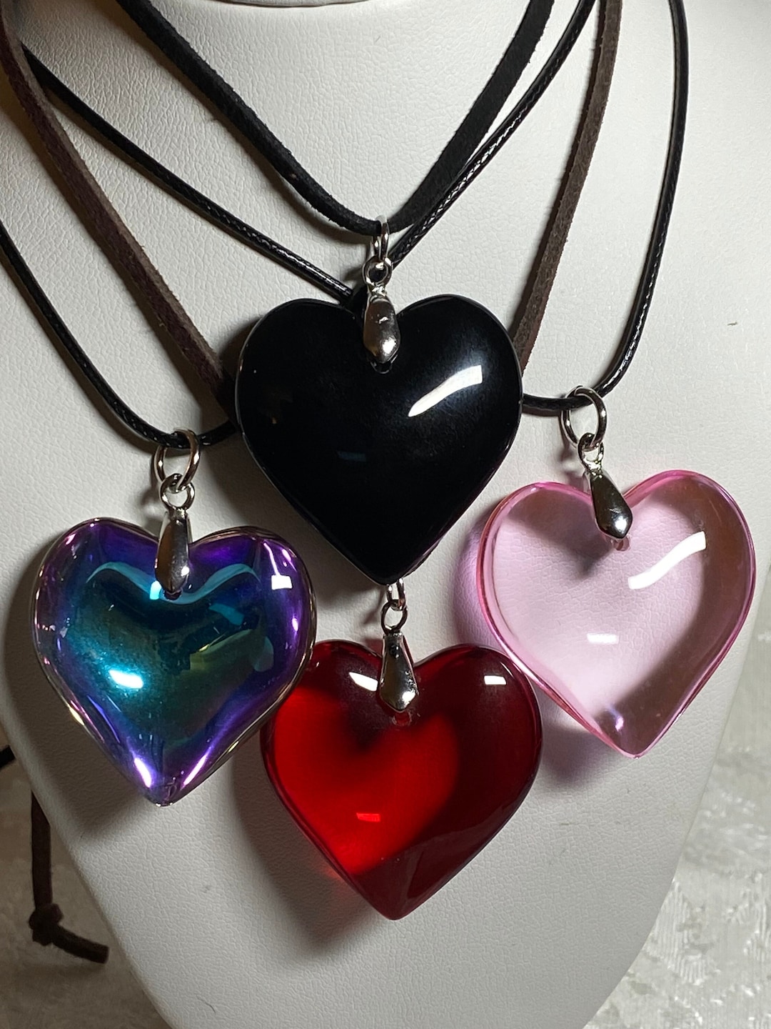 Large Glass Heart Pendant, Necklace, Choker, Puffy Heart / Y2k Grunge ...