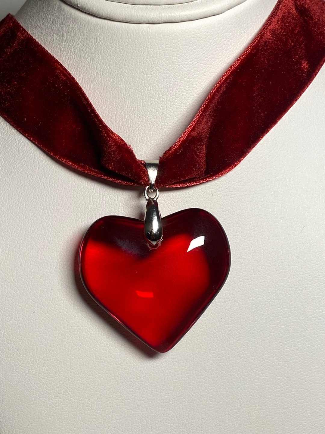Large Red Glass Heart Pendant, Necklace, Choker, Puffy Heart / Y2k ...