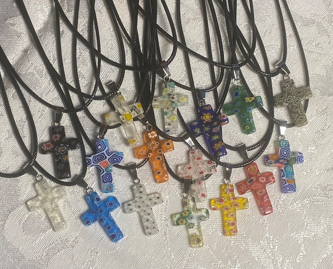 Necklace, Murano Cross Floral Glass Pendant, First Communion, Baptism ...