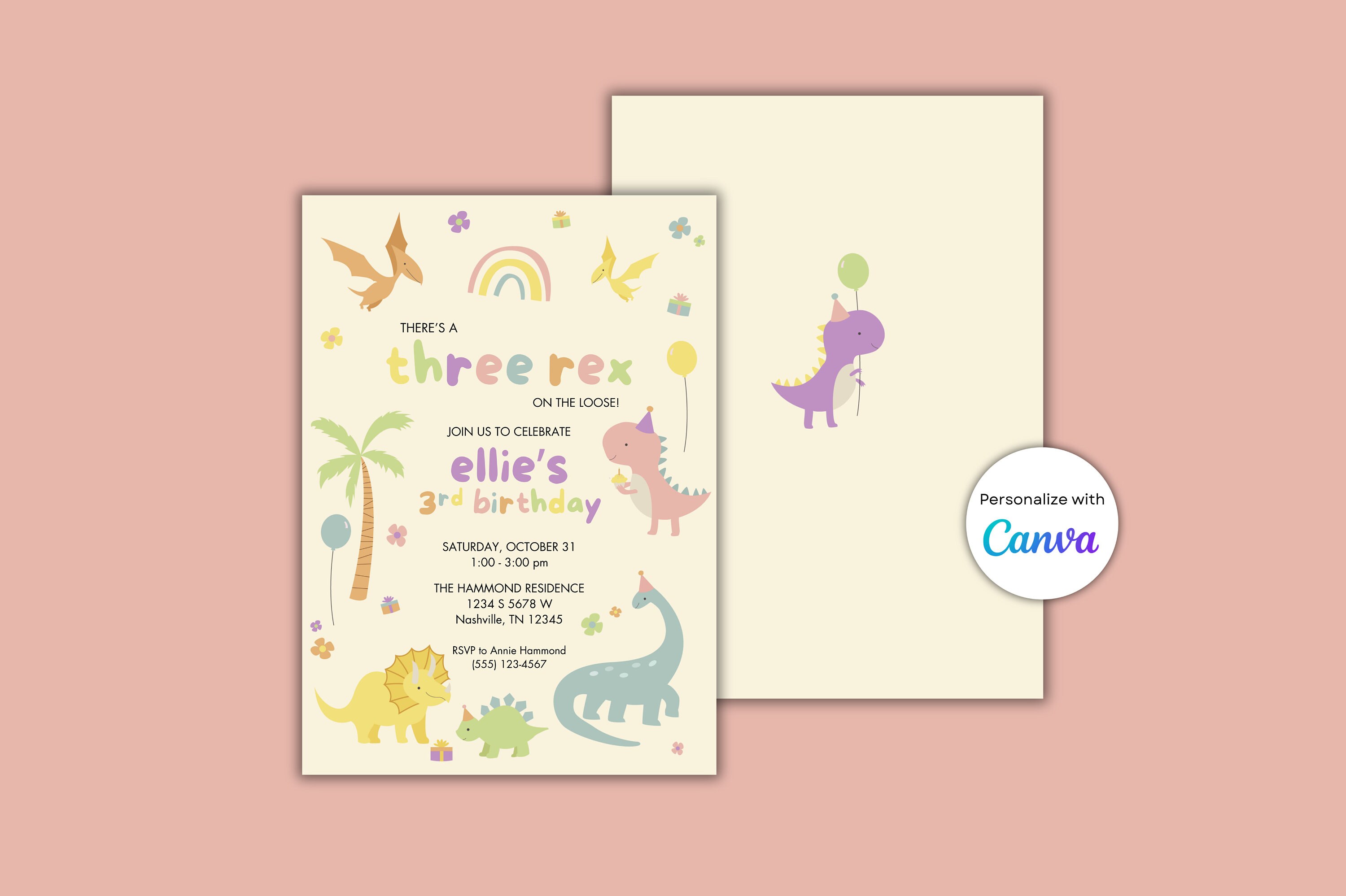Editable Three Rex Birthday Invitation, Dinosaur Party (digital ...