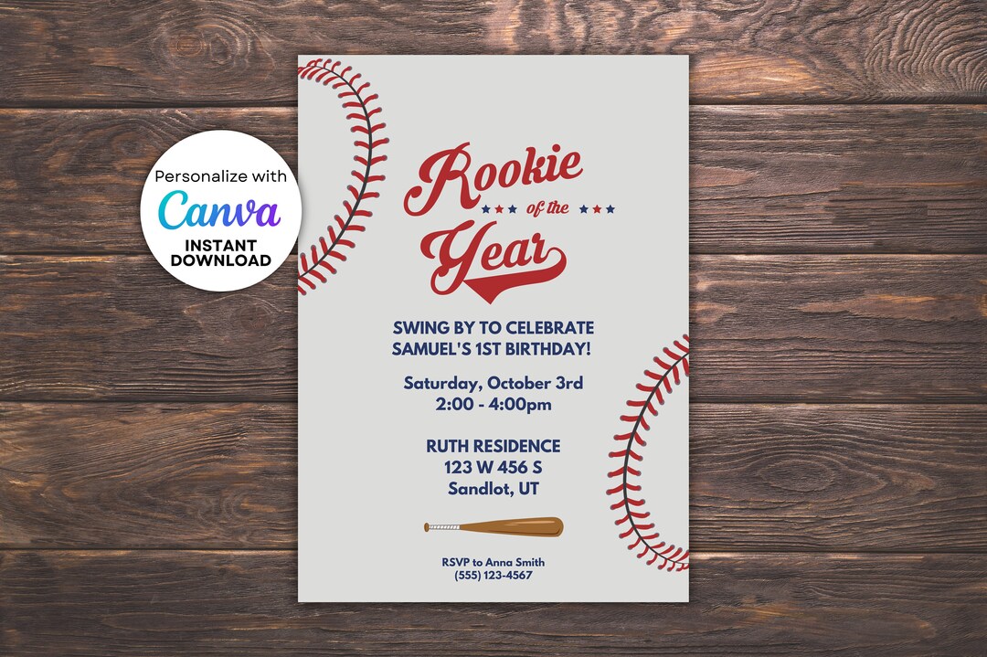 Editable Rookie of the Year Birthday Party Invitation, Baseball ...