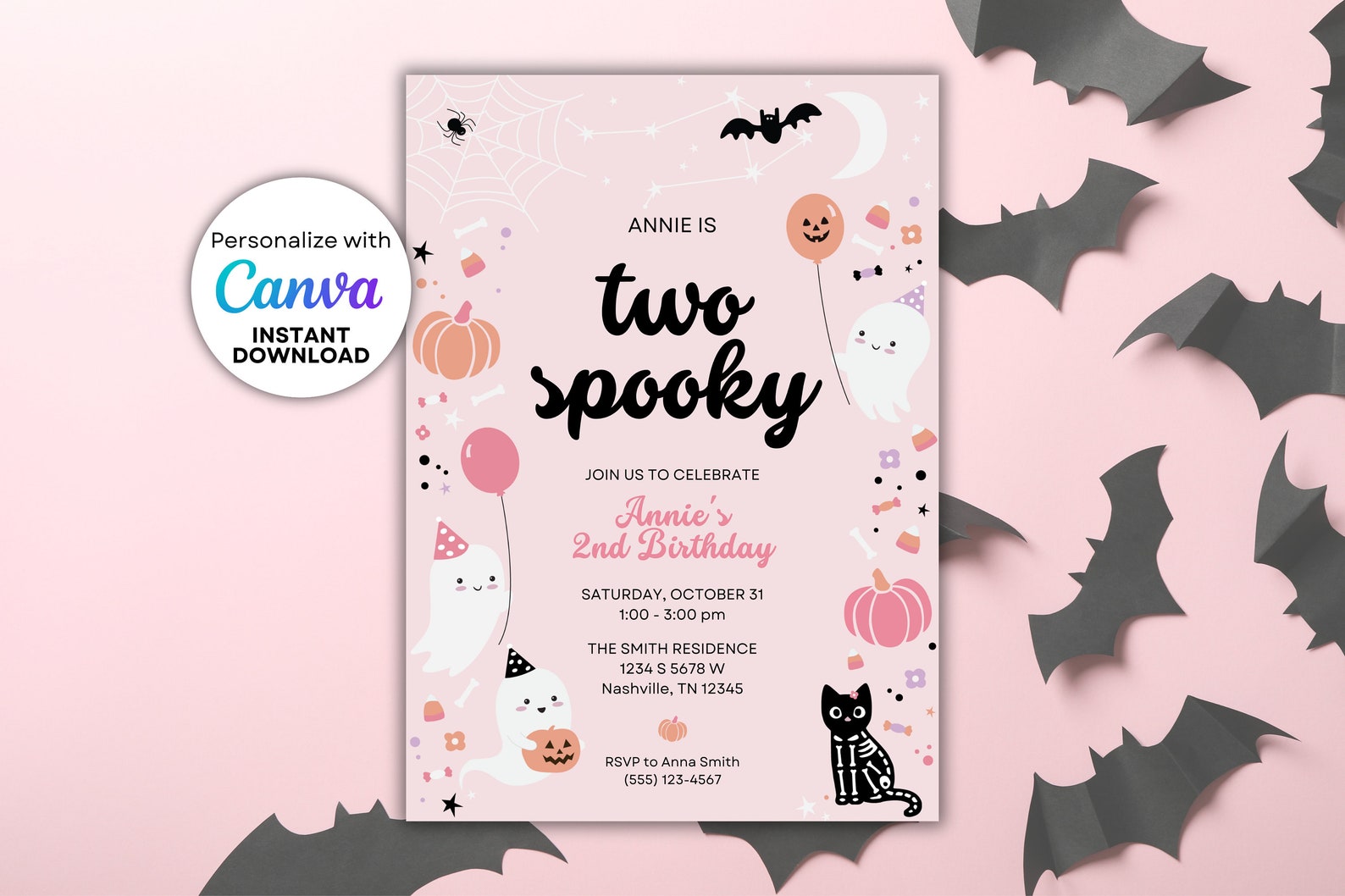 Two Spooky Birthday Invitation, Halloween Second Birthday (digital ...