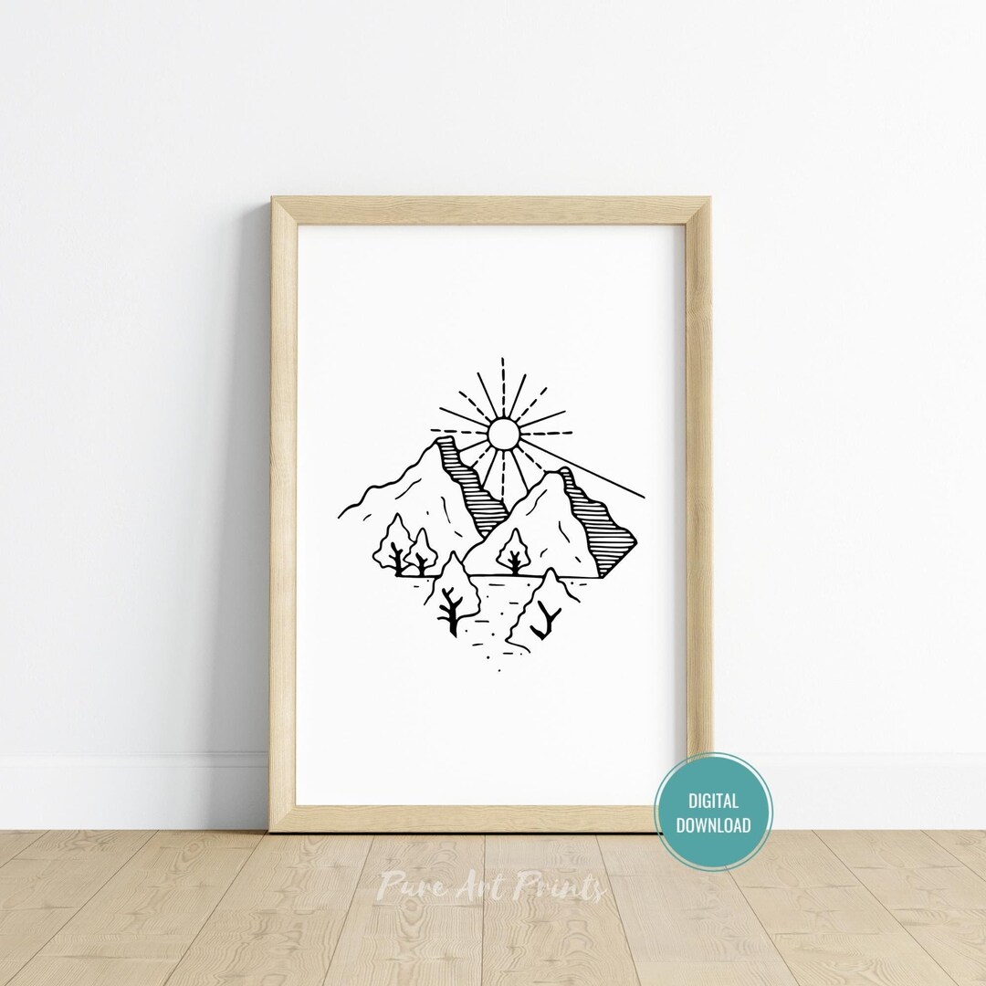 Minimalist Mountain and Sun Line Art, Digital Download, Landscape ...