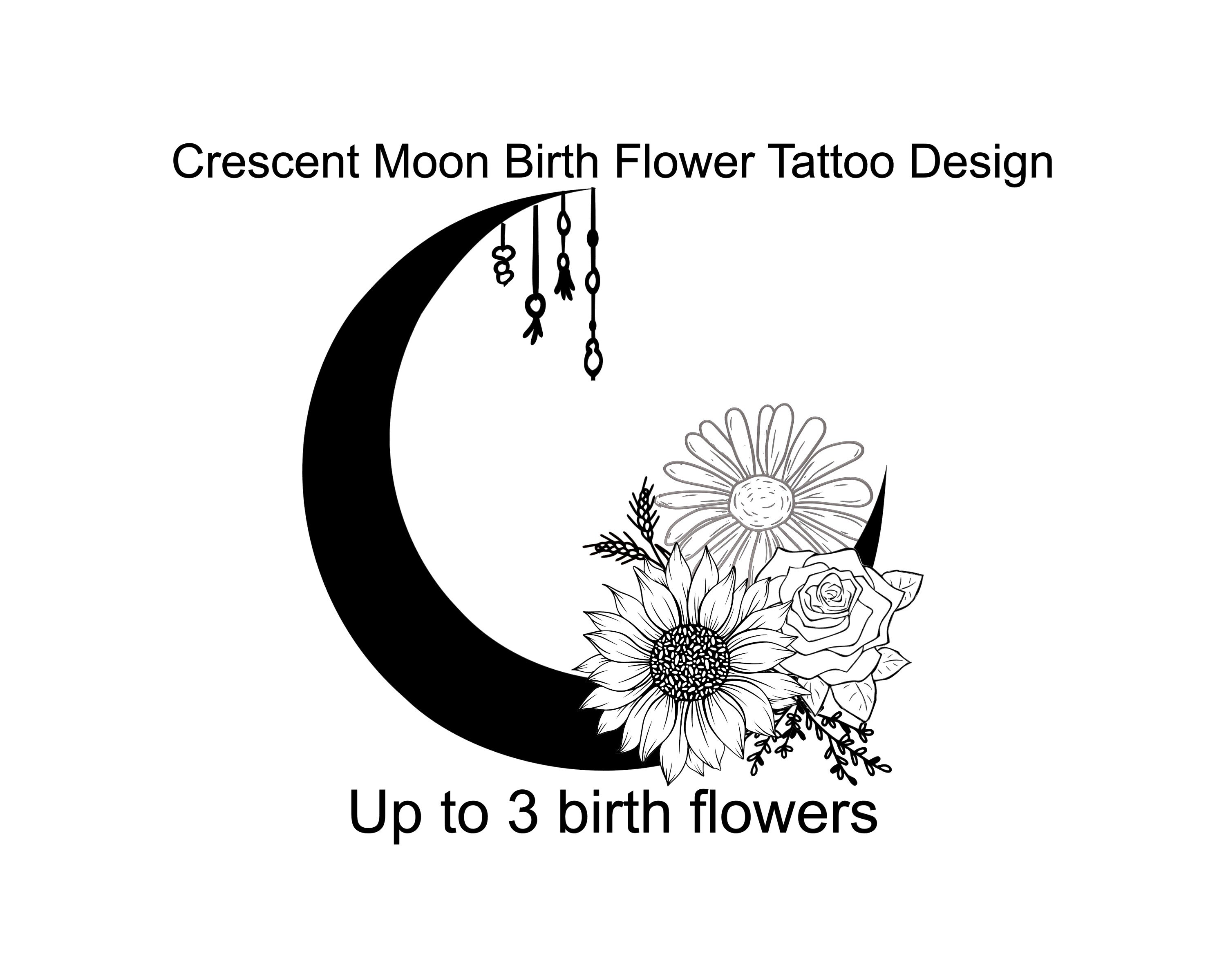 Custom Crescent Moon Birth Flower Tattoo Design - Etsy