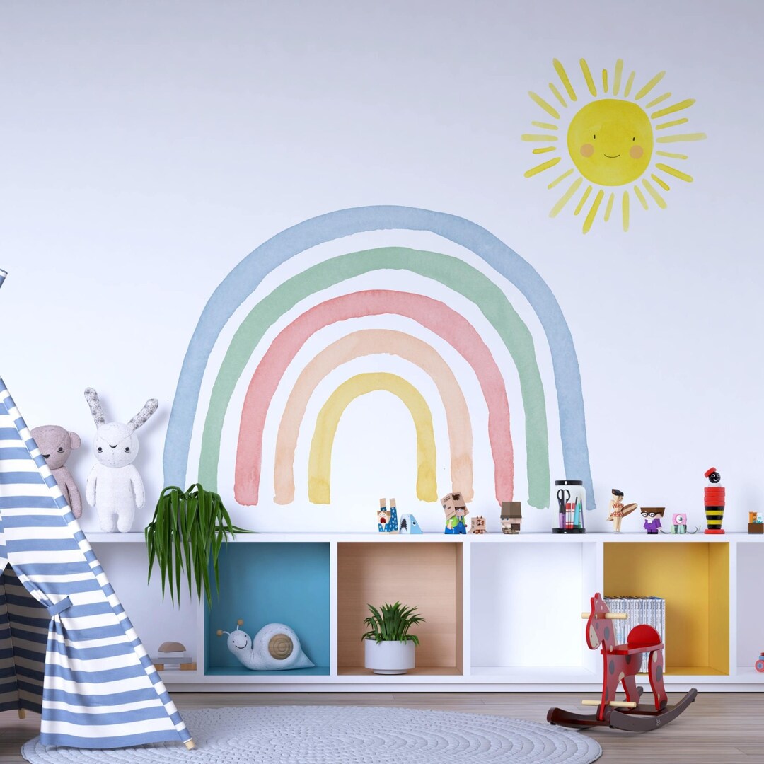 Wall Stickers, Watercolor Rainbow and Sun, Removable Stickers, Wall ...