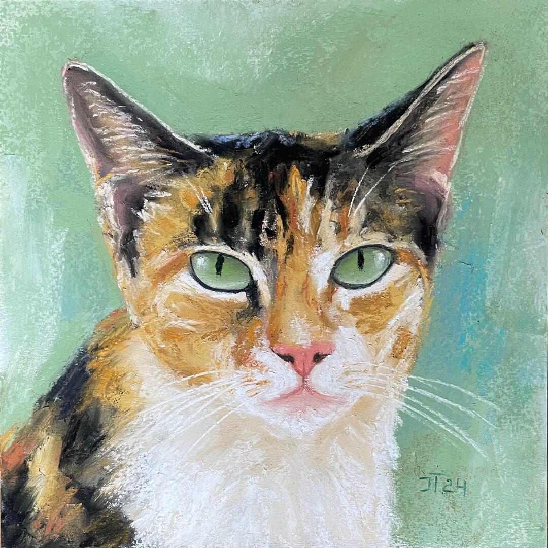 Cat Original Pastel Painting, Tricolor Cat Painting, Lucky Cat Small ...