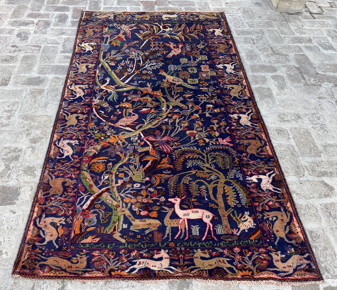 4x8 Rug, Vintage Pictorial Rug, Hand Knotted Rug, Natural WOOL Rug ...