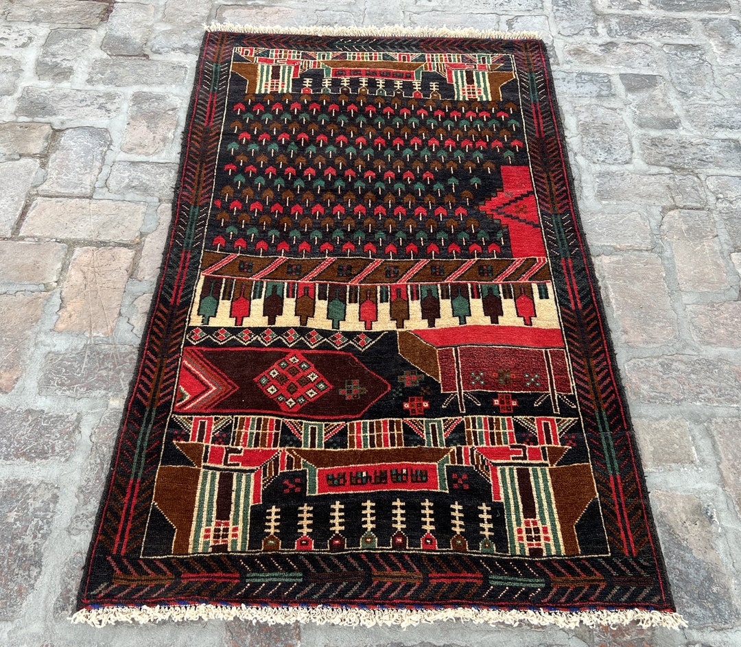 2.9x5.2 Ft Vintage Afghan Handmade Baluch Rug Hand Knotted Natural Dyes ...