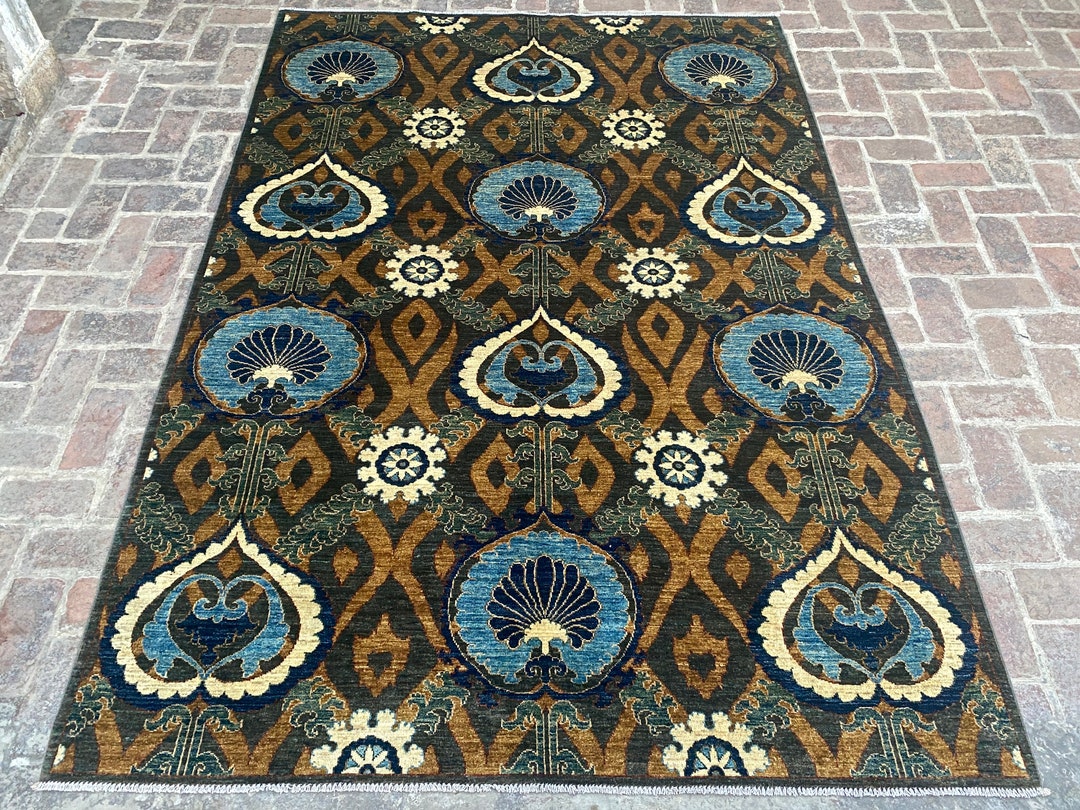 6.7x9.5 Blue Ikat Area Rug Afghan Transitional Bohemian Hand Knotted ...