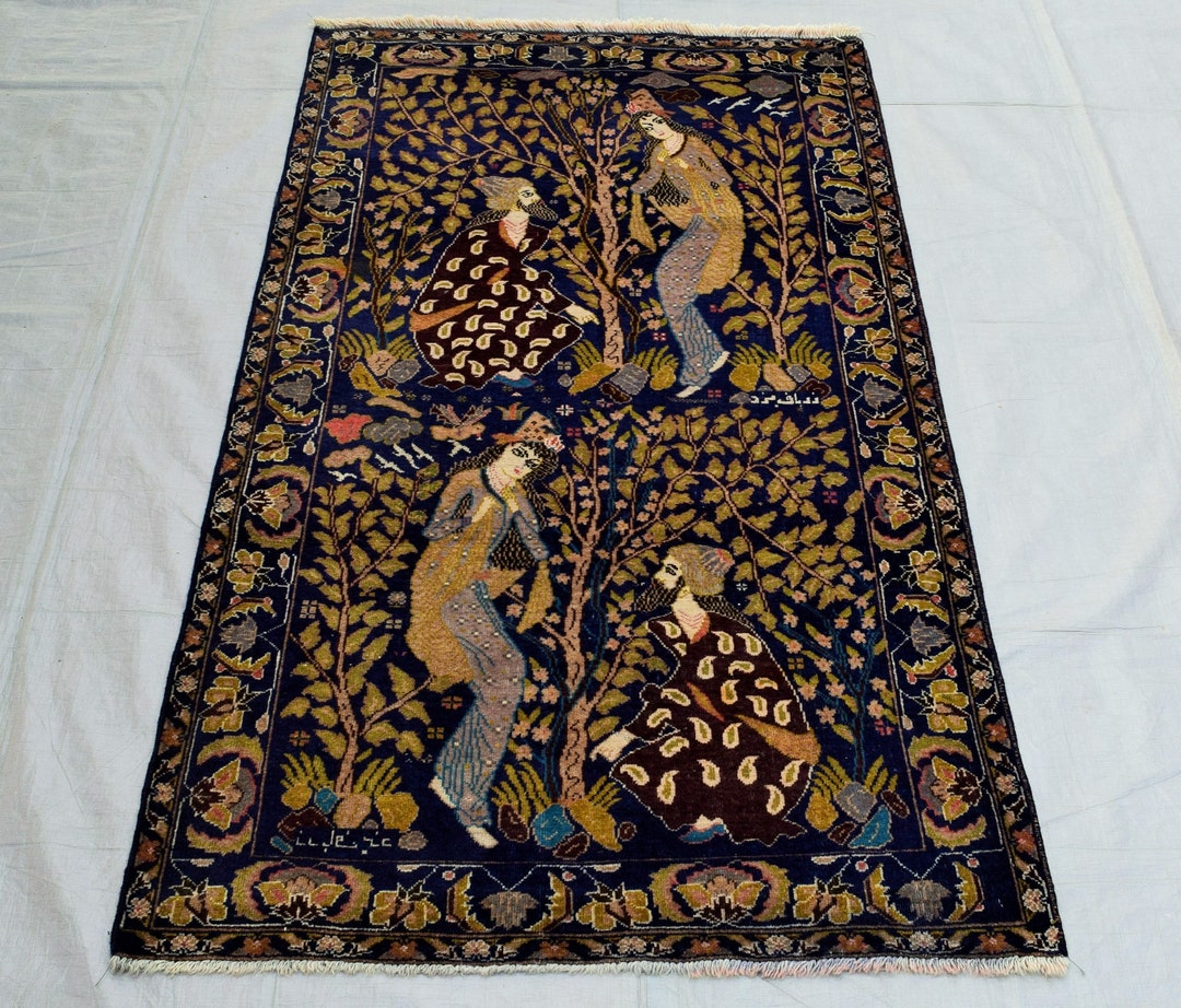 3.10x7 Ft Vintage Pictorial Rug, Persian Antique Hand Knotted Wool Rug ...