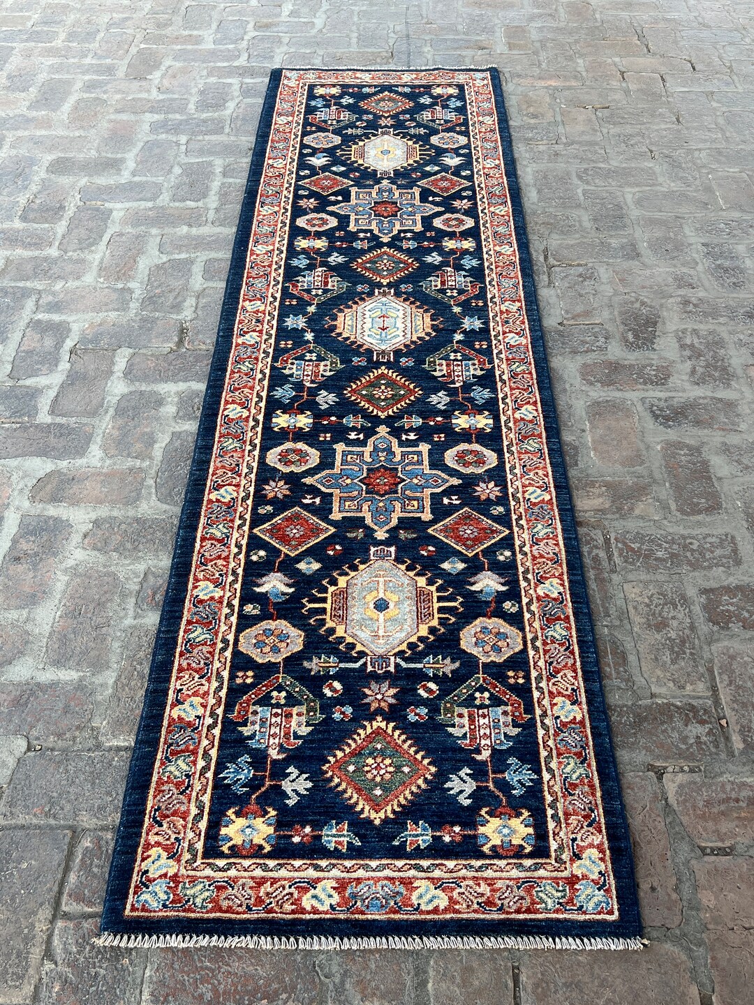 10 Ft Navy Blue Runner Rug .fine Afghan Hand Knotted Veg Dyes Wool ...