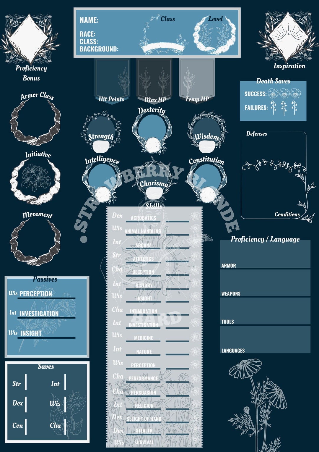 Blue & Floral Character Sheet - Etsy