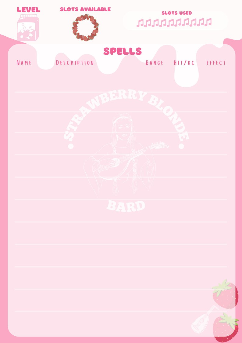 Strawberry Bard Character Sheet - Etsy