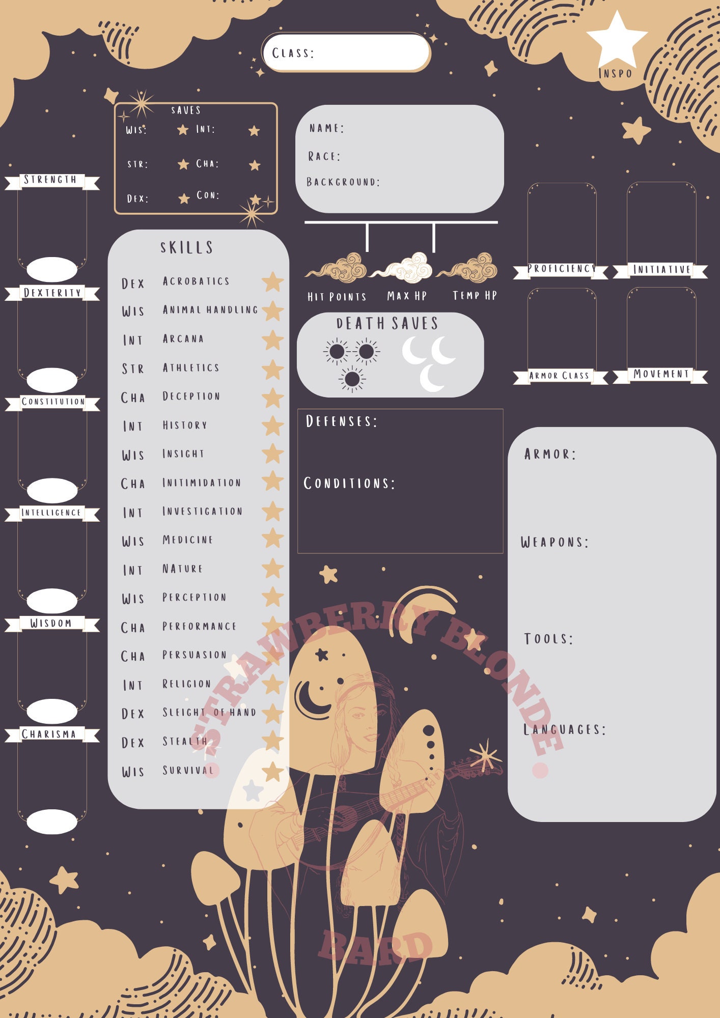 Starry Night Character Sheet - Etsy