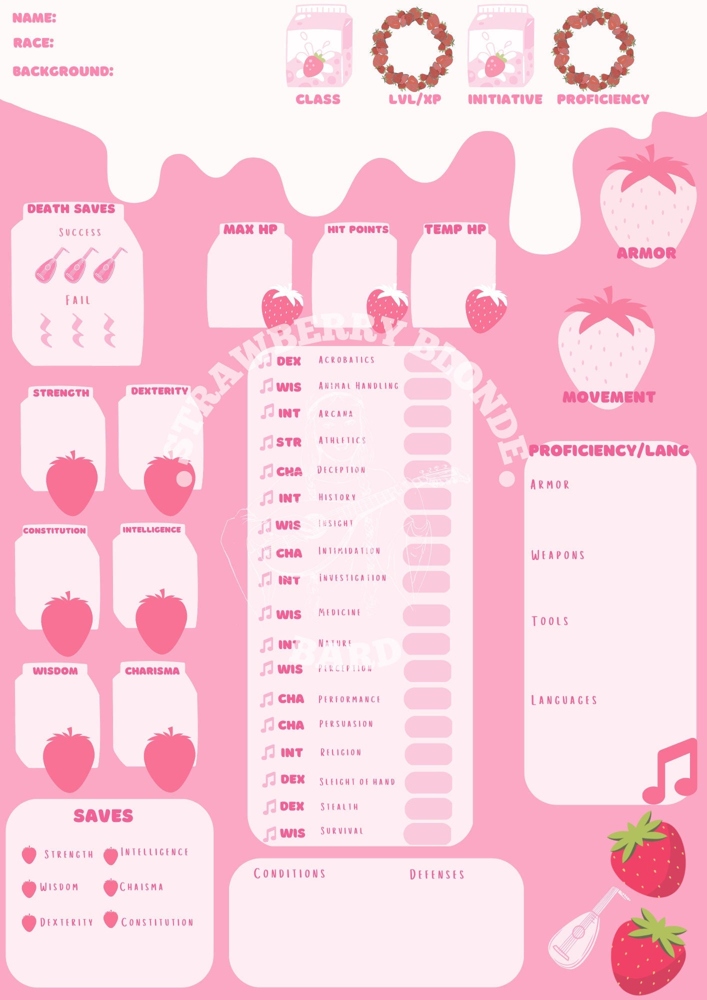 Strawberry Bard Character Sheet - Etsy