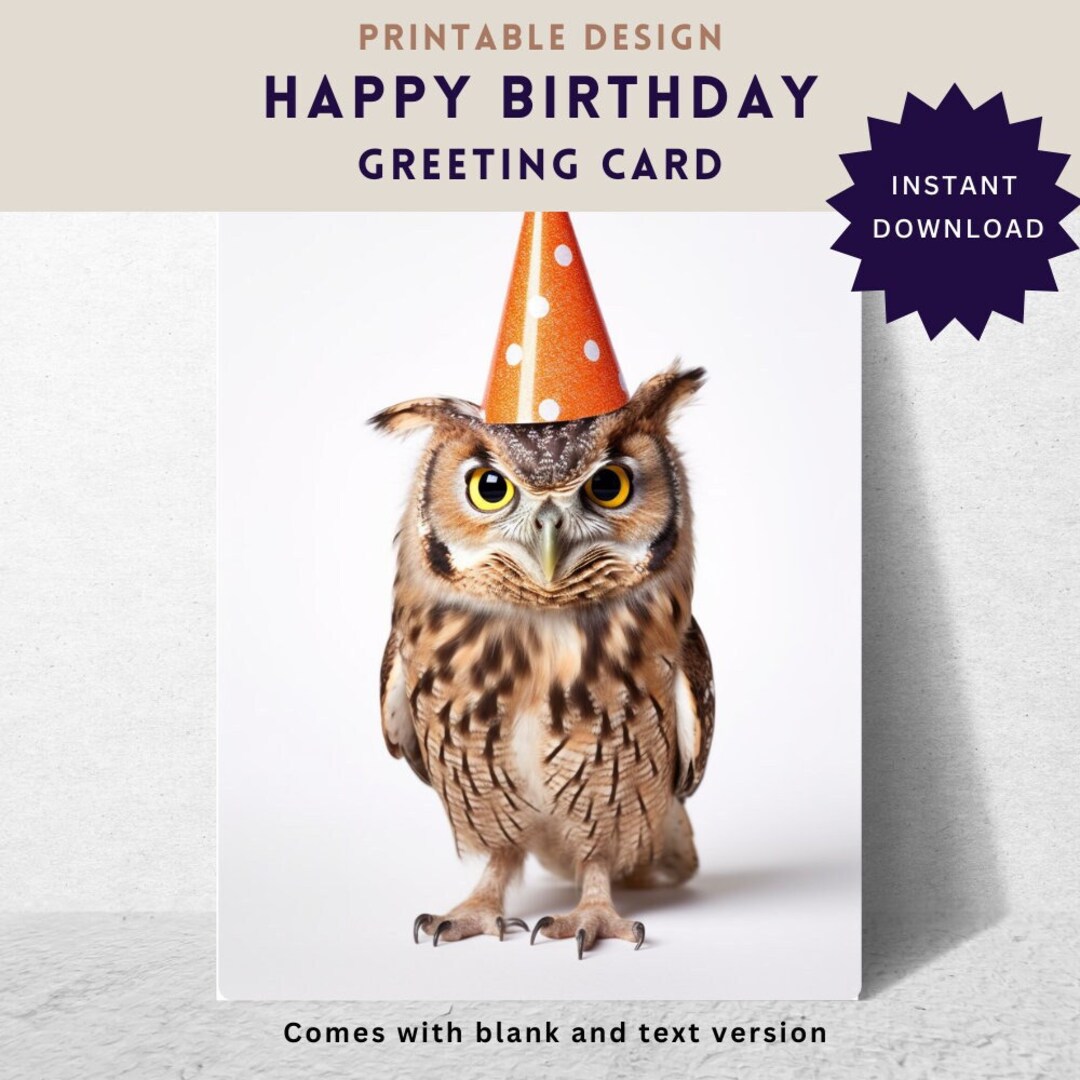Owl Birthday Greeting Card PRINTABLE Adorable Fun Bird Card Blank ...