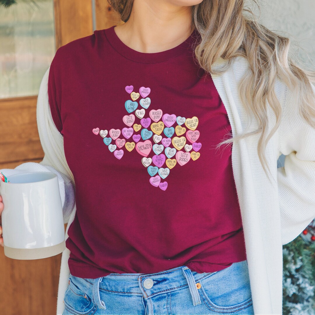 Texas Shaped Conversation Hearts Tshirt; Hearts in Shape of Texas With ...