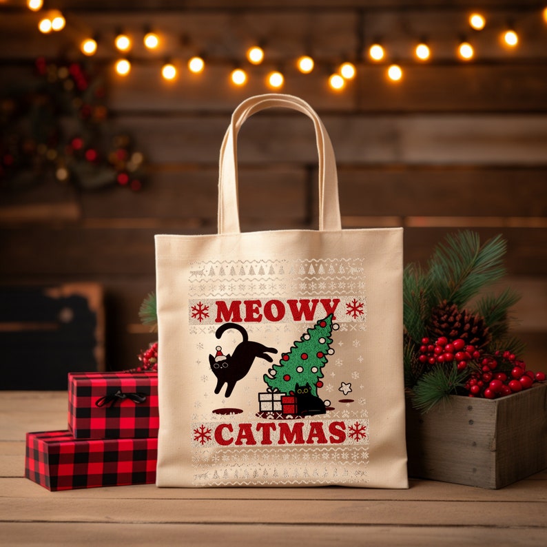 Meowy Catmas Cotton Canvas Tote Bag; Fun Holiday Tote; Cat Christmas ...