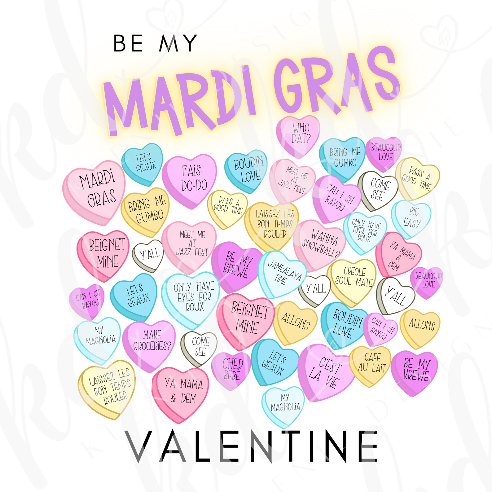 Mardi Gras Valentine Conversation Heart PNG; Hearts With Louisiana ...