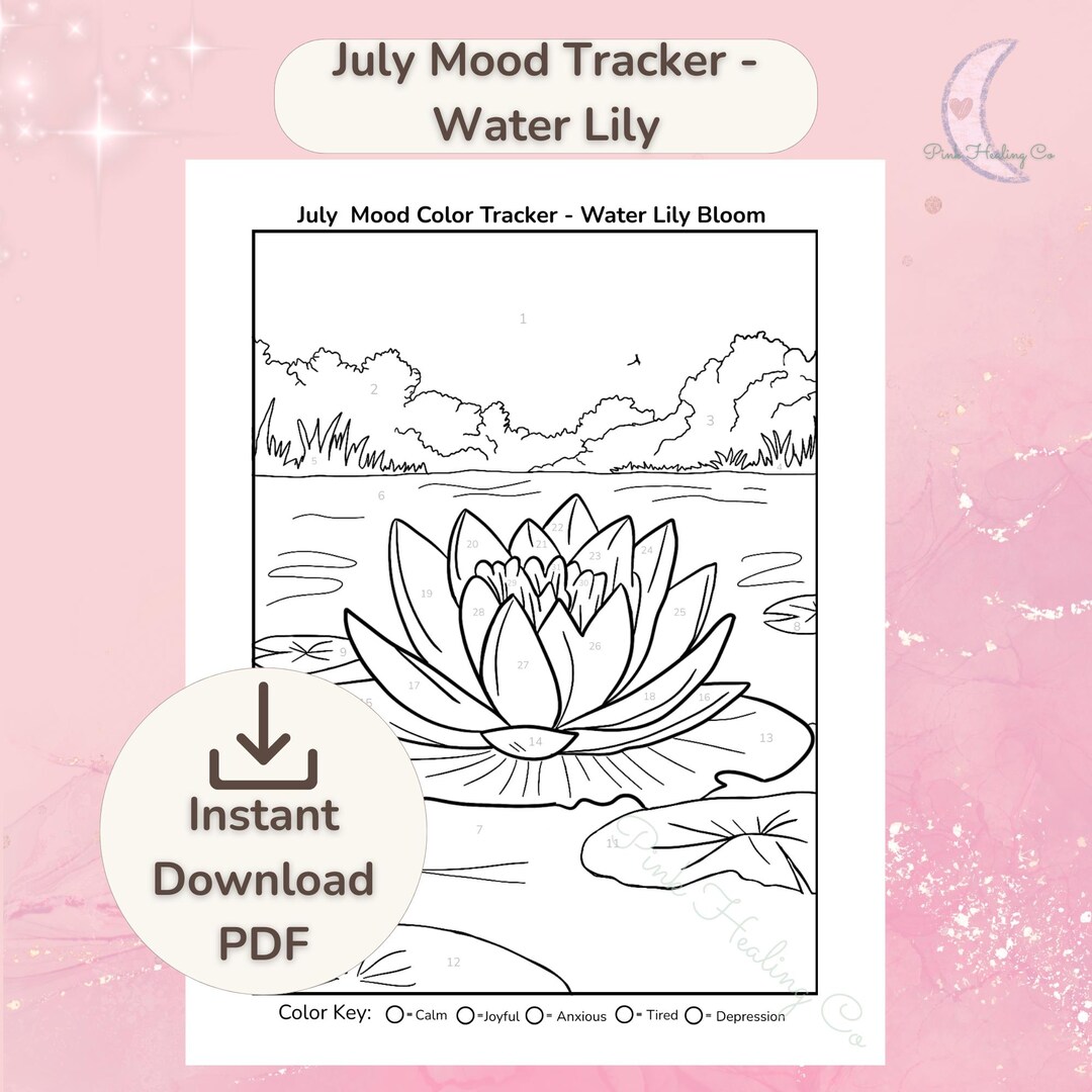 July Mood Tracker Printable – Waterlily Coloring Page for Mental Health ...