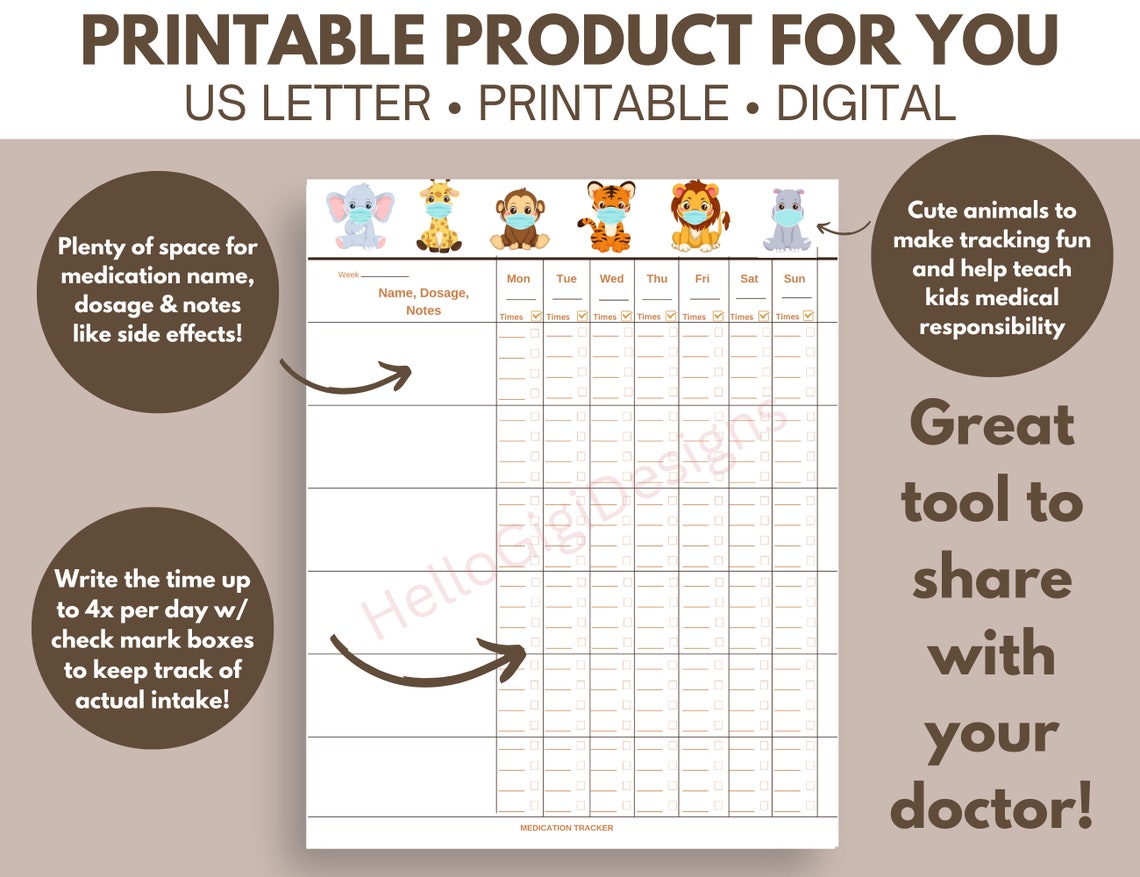 Childs Medication Chart, Cute Animals Medication Chart, Childs ...