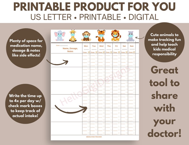 Childs Medication Chart, Cute Animals Medication Chart, Childs ...