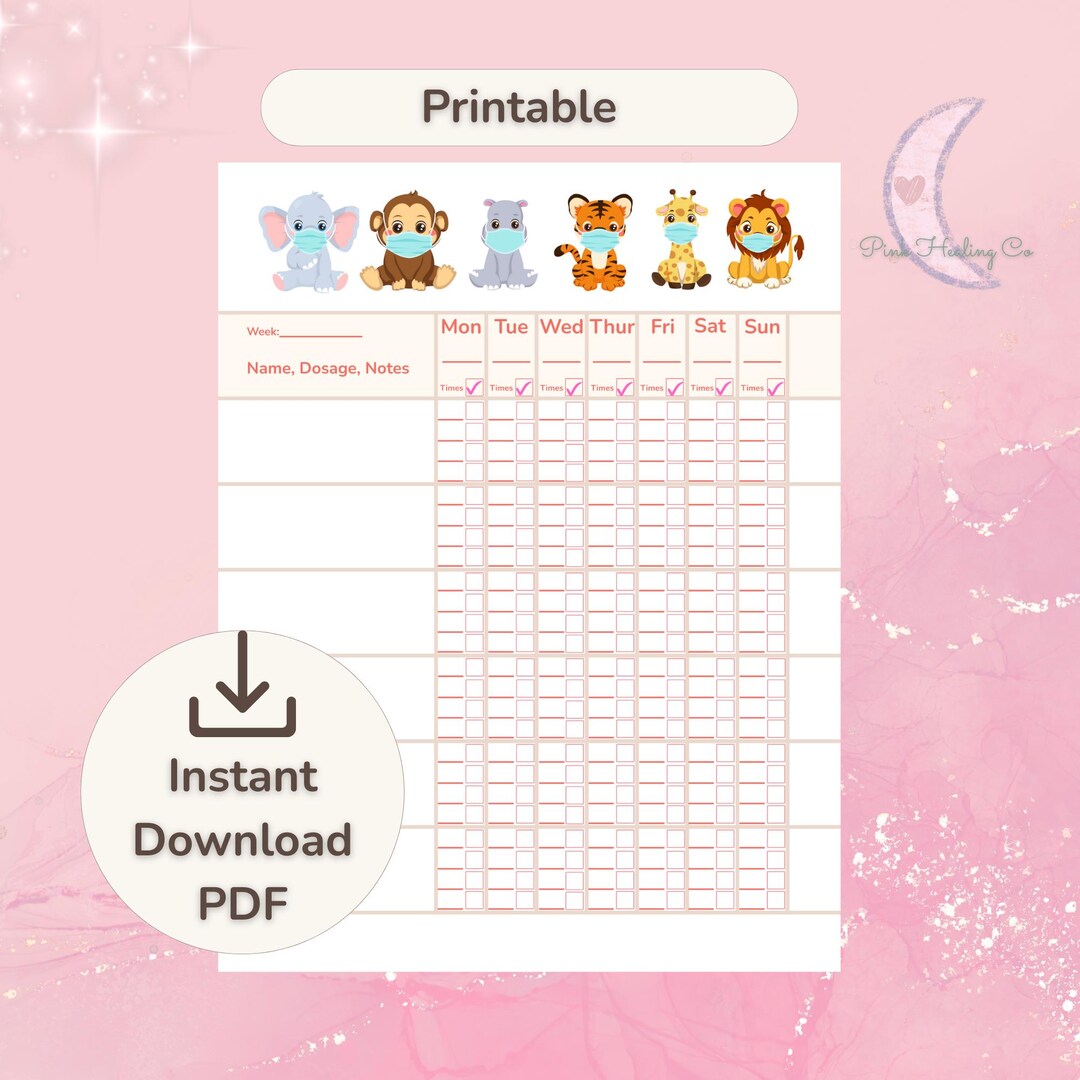 Printable Kids Medication Tracker – Cute Animal Weekly Pill Chart PDF ...