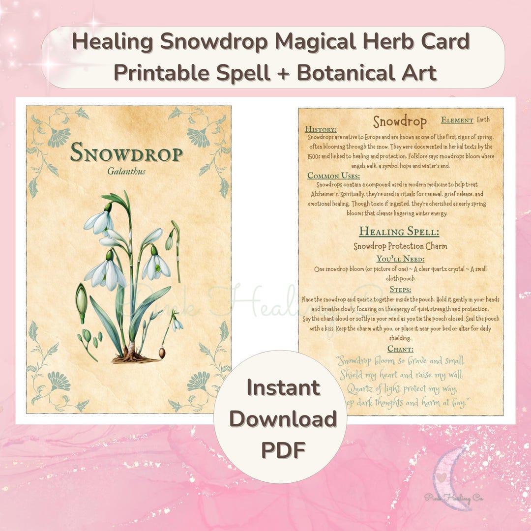 Snowdrop Spell Card, Botanical Printable Grimoire Page Book of Shadows ...