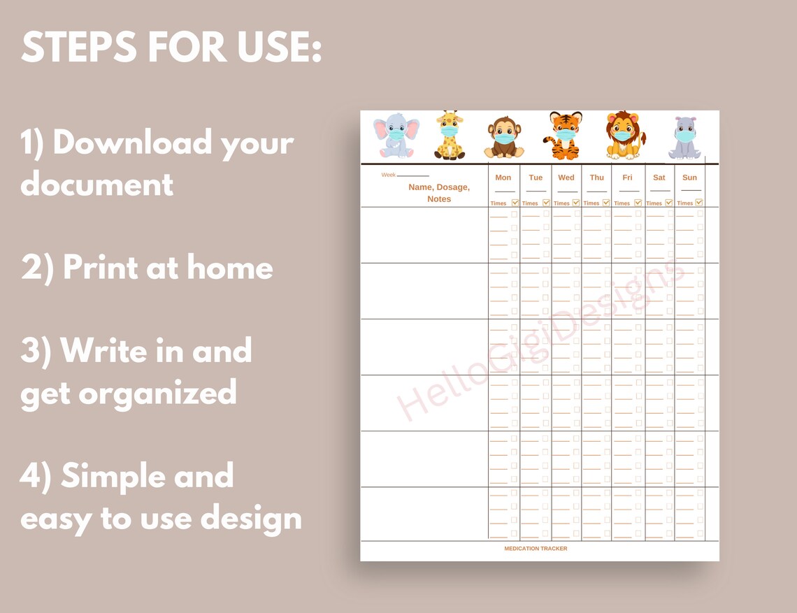 Childs Medication Chart, Cute Animals Medication Chart, Childs ...