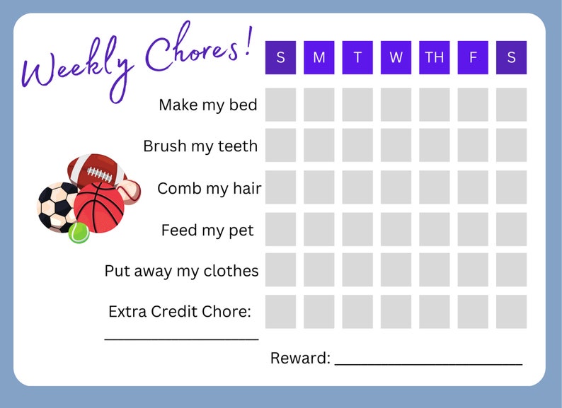 Kids Weekly Chore Chart-blue/sports - Etsy