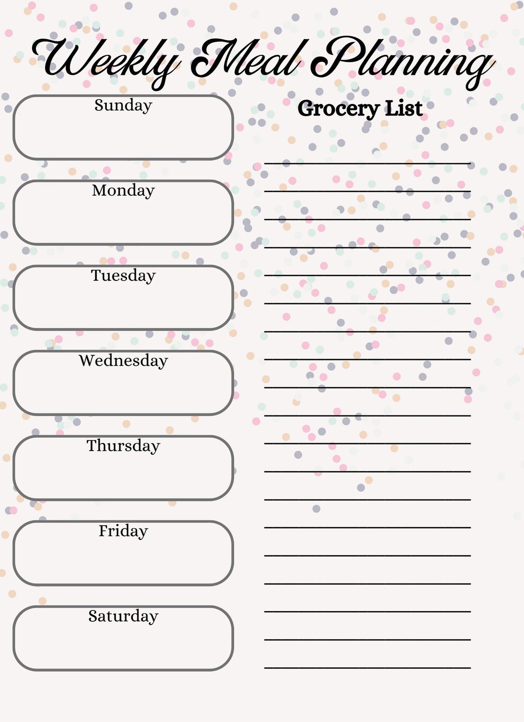 Weekly Meal and Grocery Planning List-confetti - Etsy