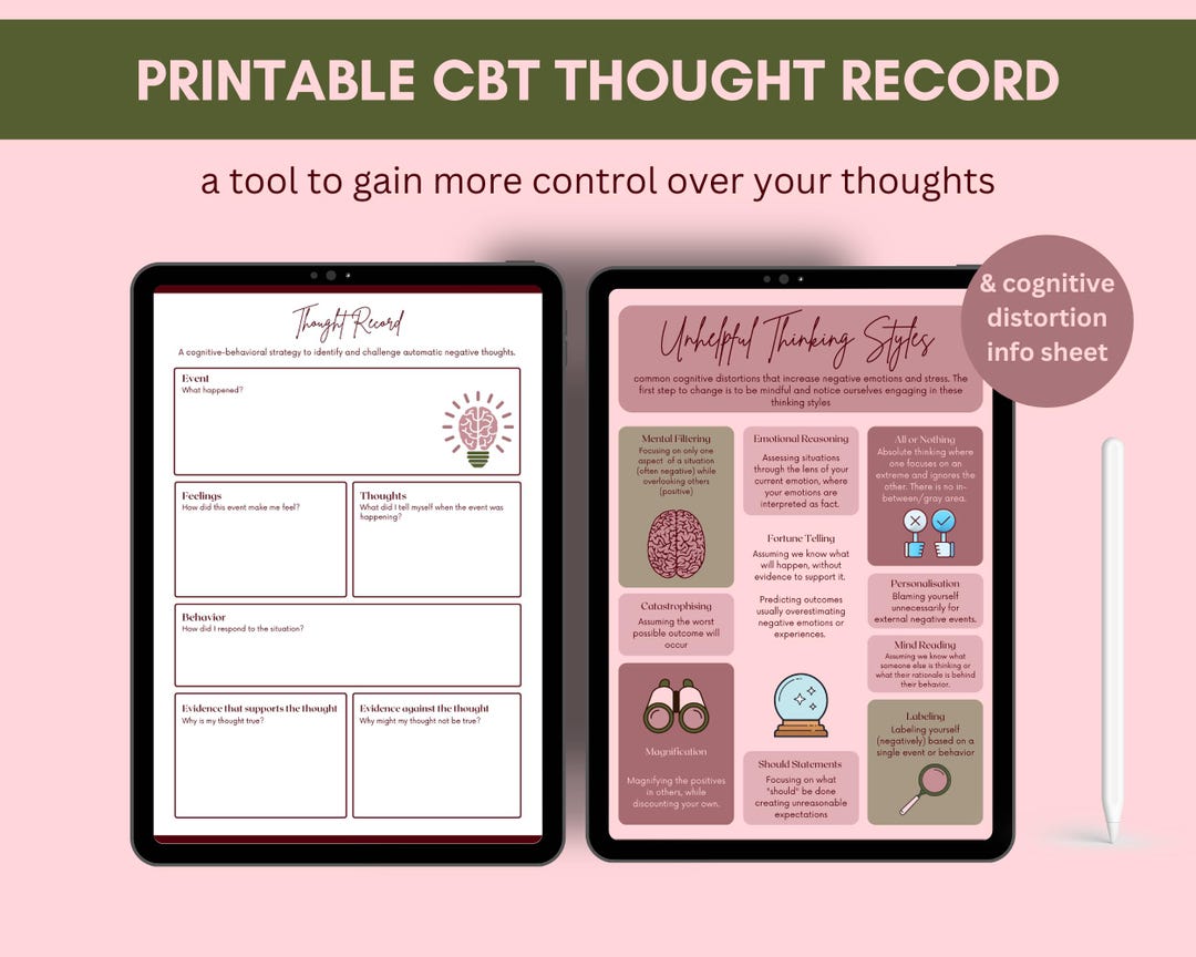 Printable CBT Thought Record, Cognitive Distortions PDF, Use in ...
