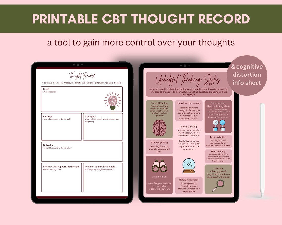 Printable CBT Thought Record, Cognitive Distortions PDF, Use in ...