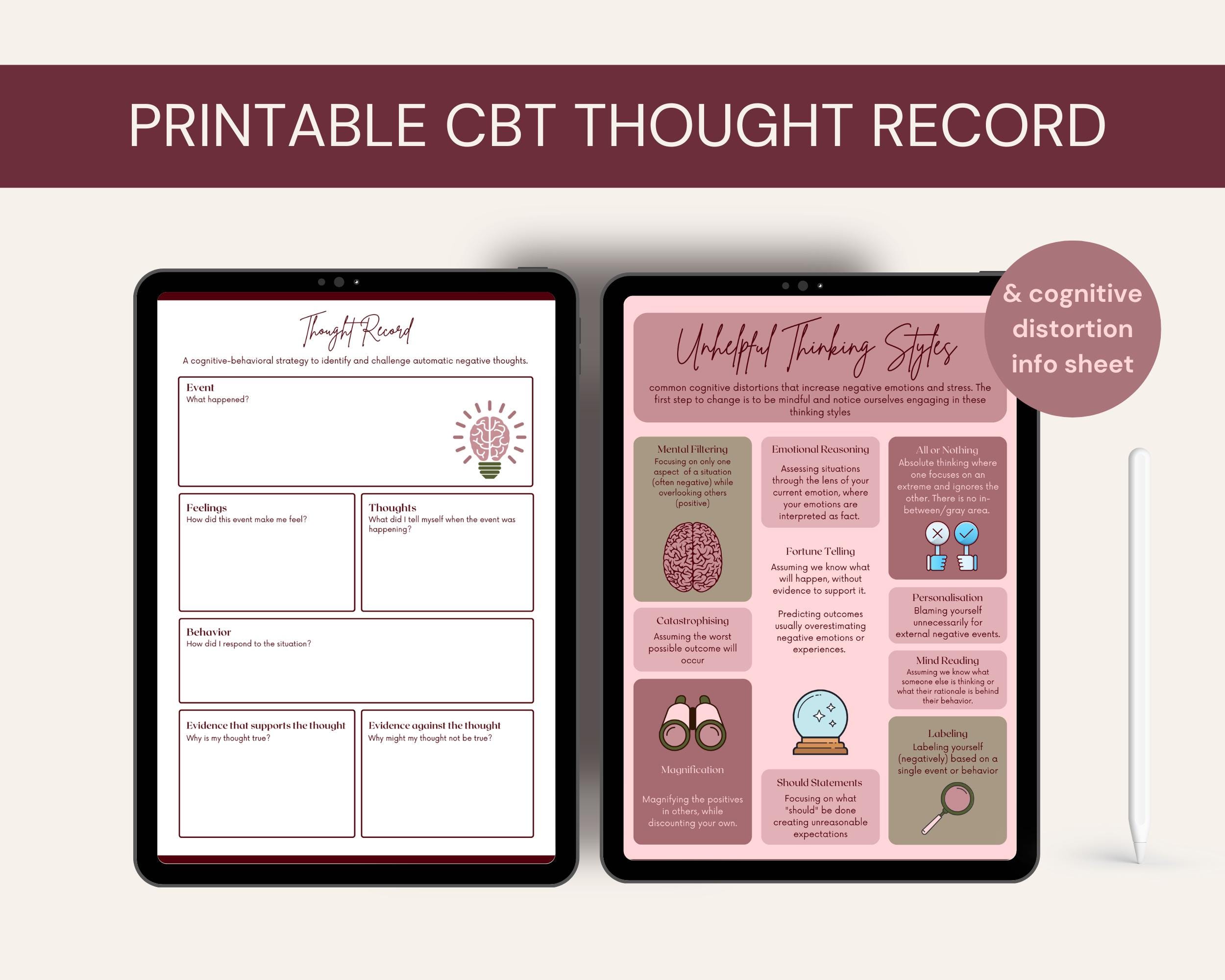 Printable CBT Thought Record, Cognitive Distortions PDF, Use in ...