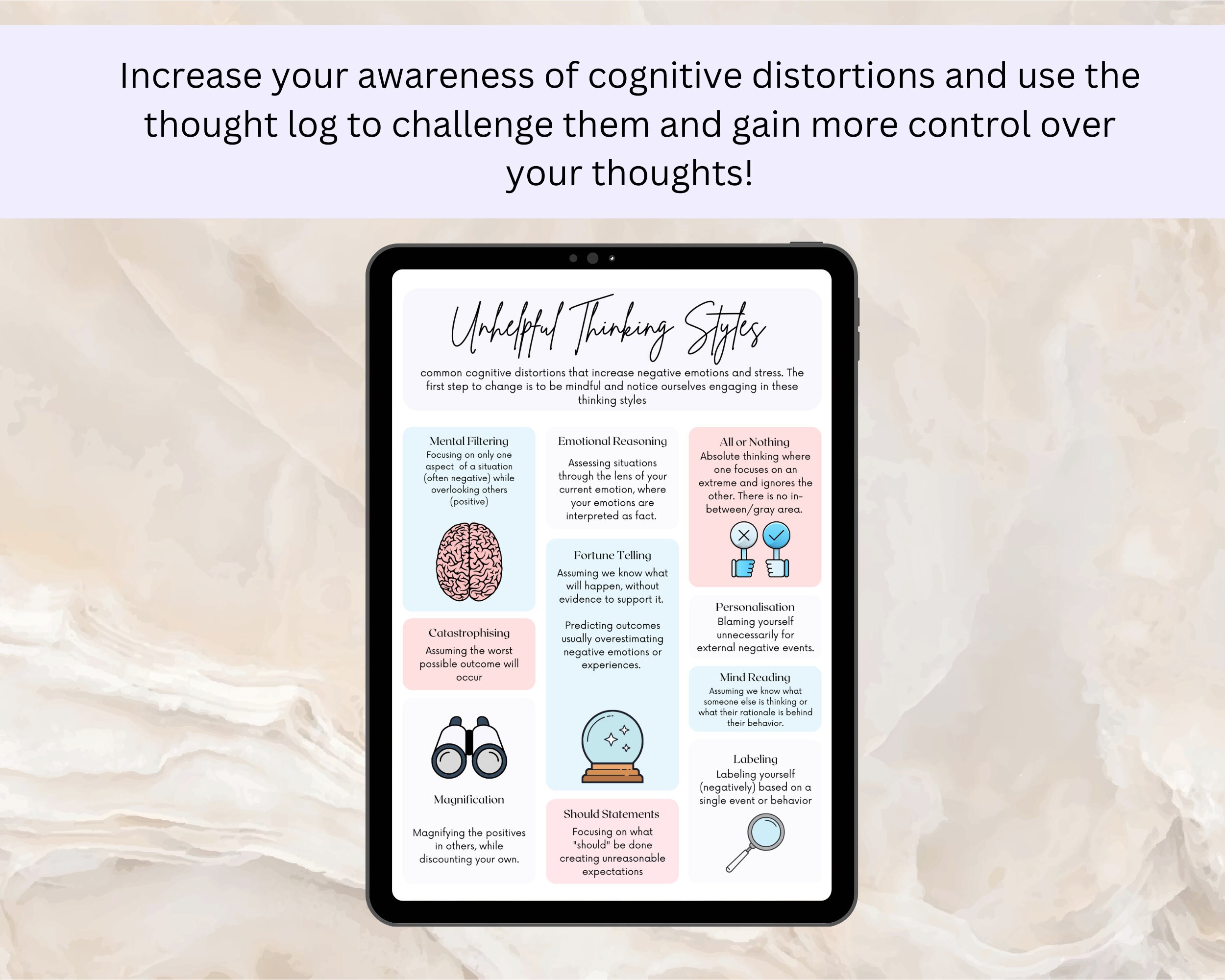 Printable CBT Thought Record, Cognitive Distortions PDF, Use in ...