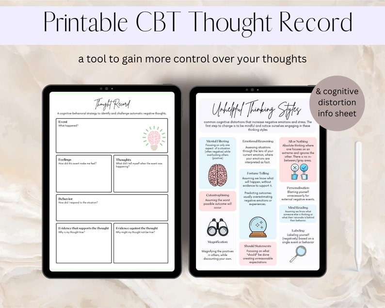 Printable CBT Thought Record, Cognitive Distortions PDF, Use in ...