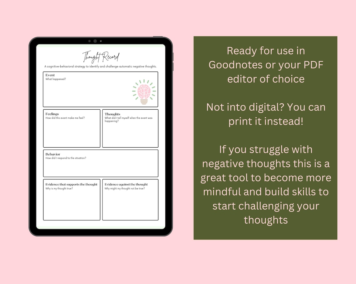 Printable CBT Thought Record, Cognitive Distortions PDF, Use in ...