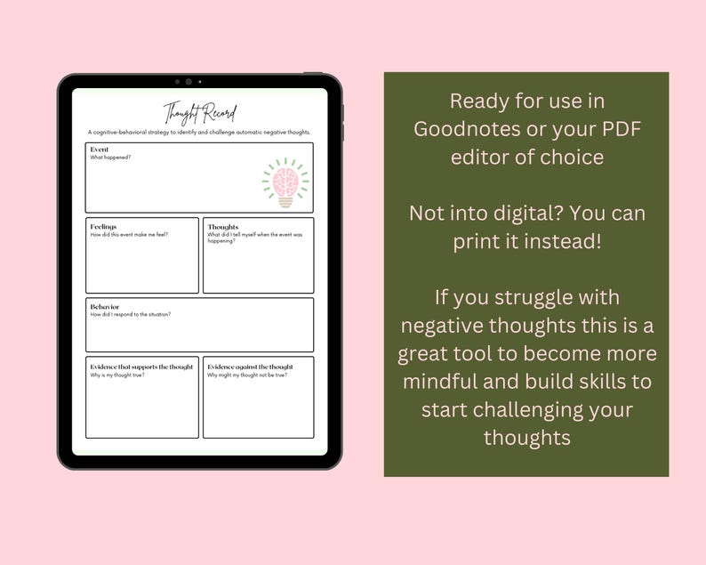 Printable CBT Thought Record, Cognitive Distortions PDF, Use in ...