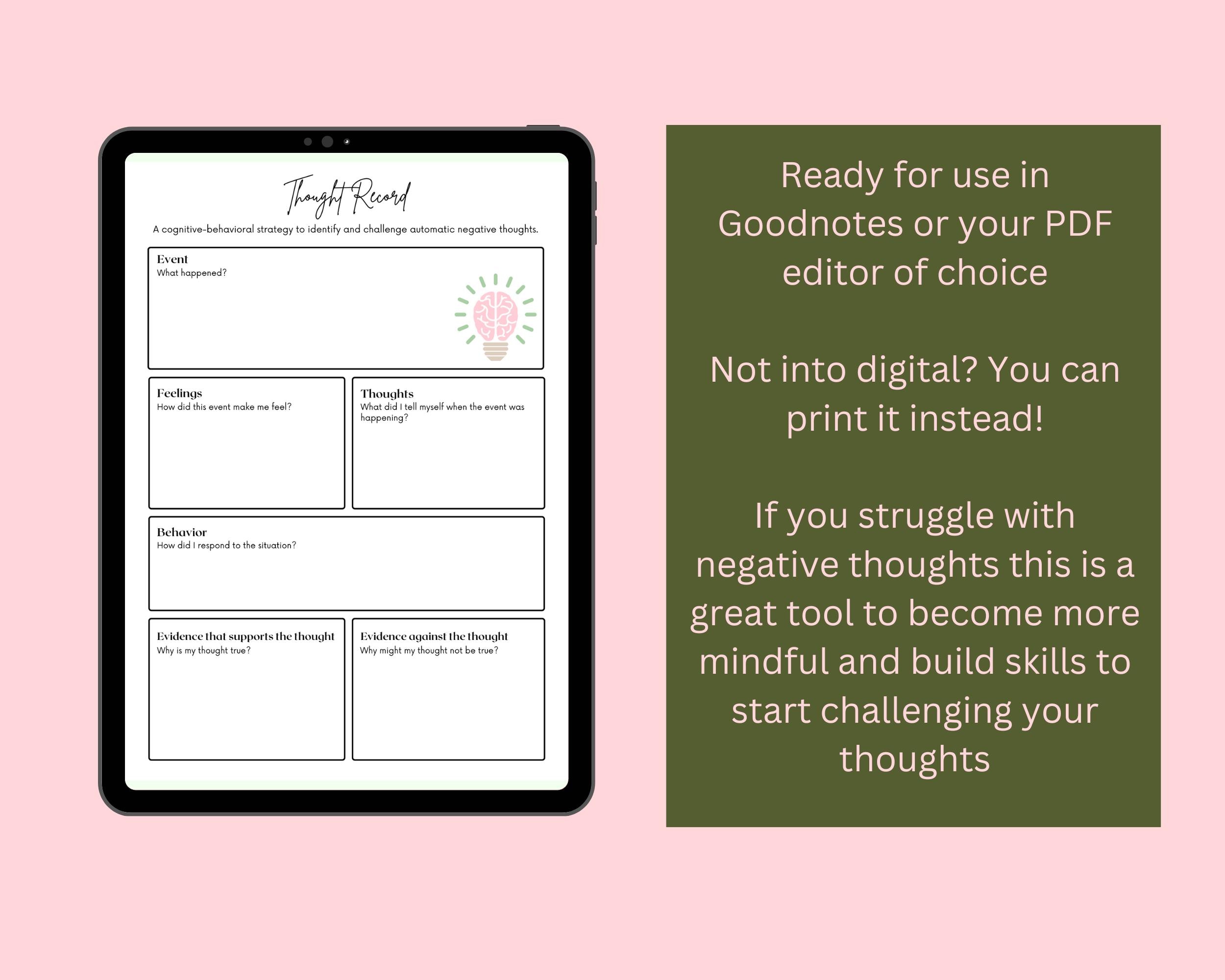 Printable CBT Thought Record, Cognitive Distortions PDF, Use in ...