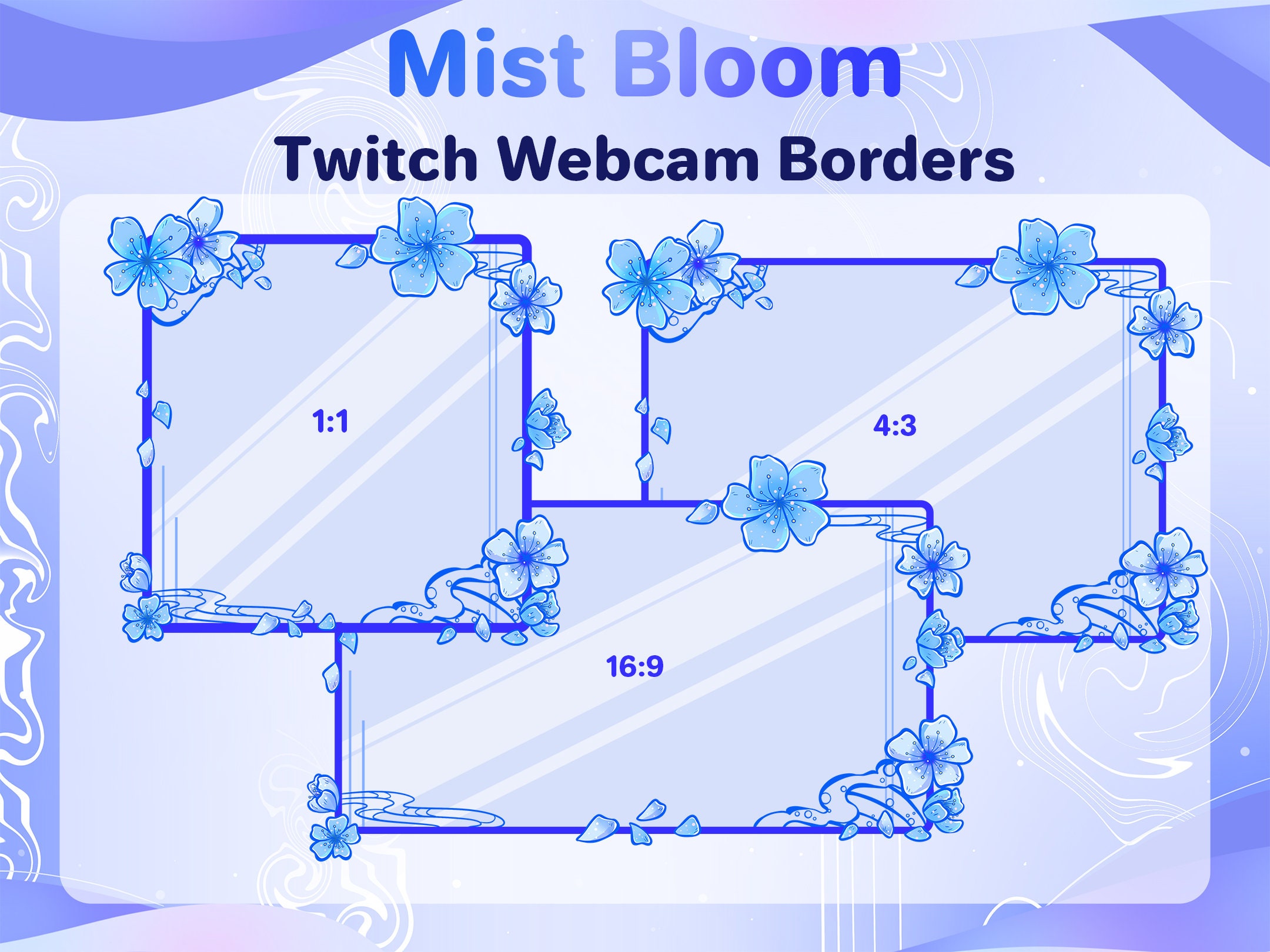 Mist Bloom Twitch Webcam Borders // Pack of 3 Blue Flower OBS Webcam ...