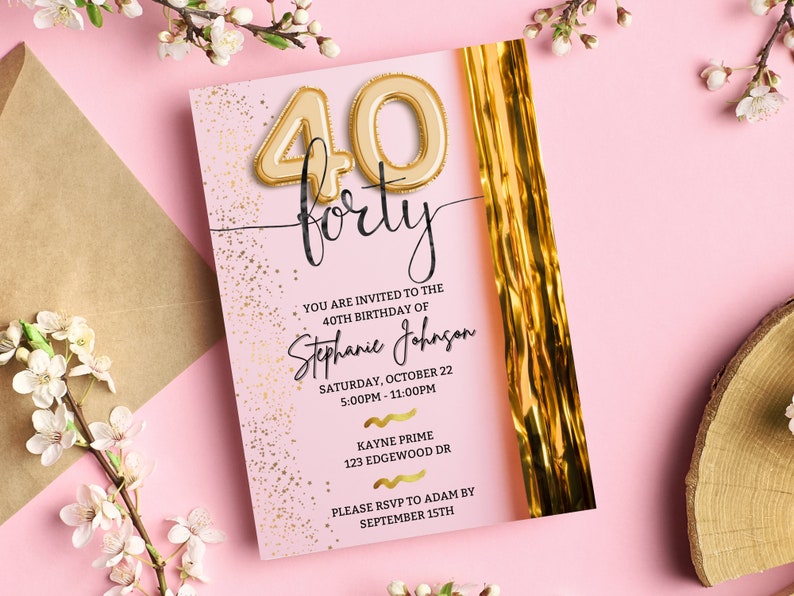 Plantilla de invitación de cumpleaños número 40, rosa y dorado ...