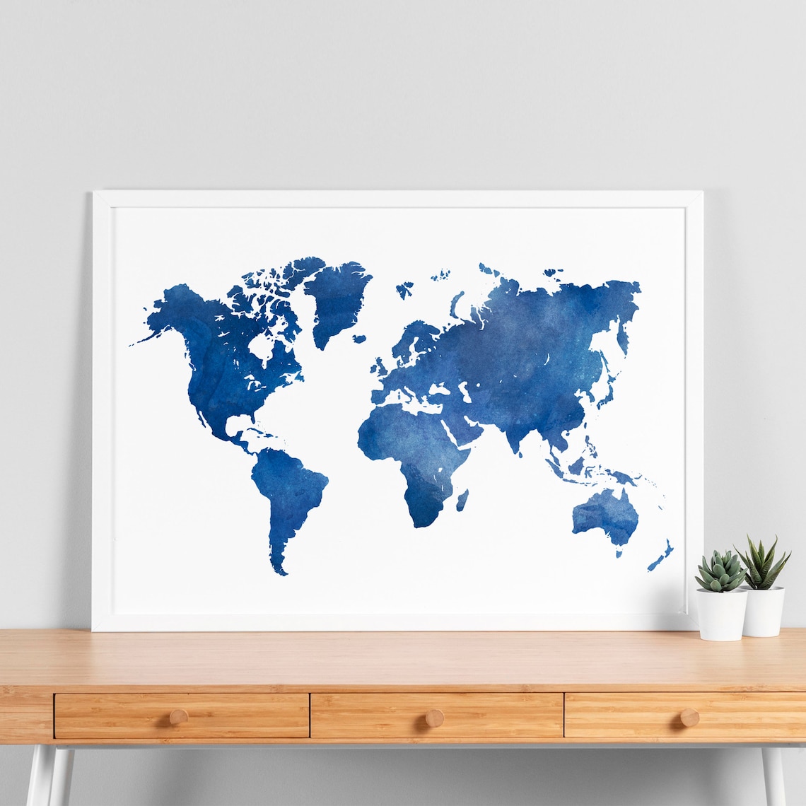 World Map Wall Art Printable Digital Download - Blue World Map Poster ...